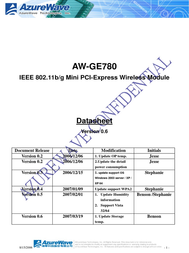 WMPCIE V01 (7F900 AWGE780 RS) Manual SPEC | PDF | Ieee 802.11 ...