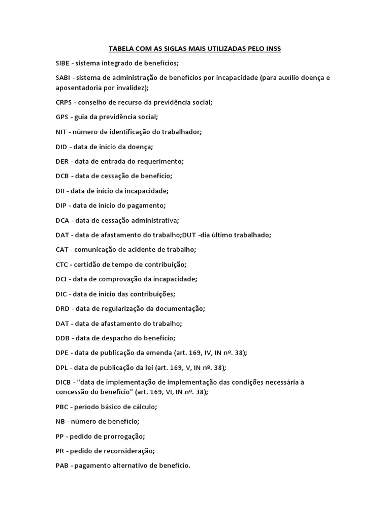 Tabela Com As Siglas Mais Utilizadas Pelo Inss | PDF