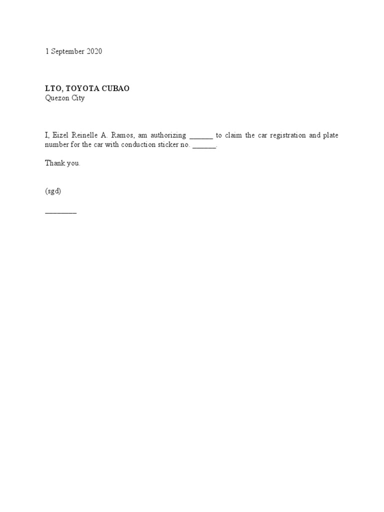 Toyota Cubao LTO Authorization Letter | PDF