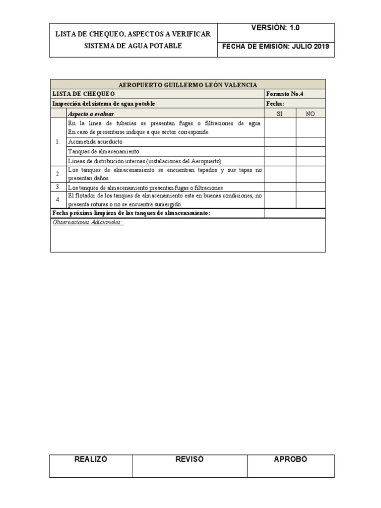 Lista de Chequeo, Aspectos A Verificar Sistema de Agua Potable | PDF