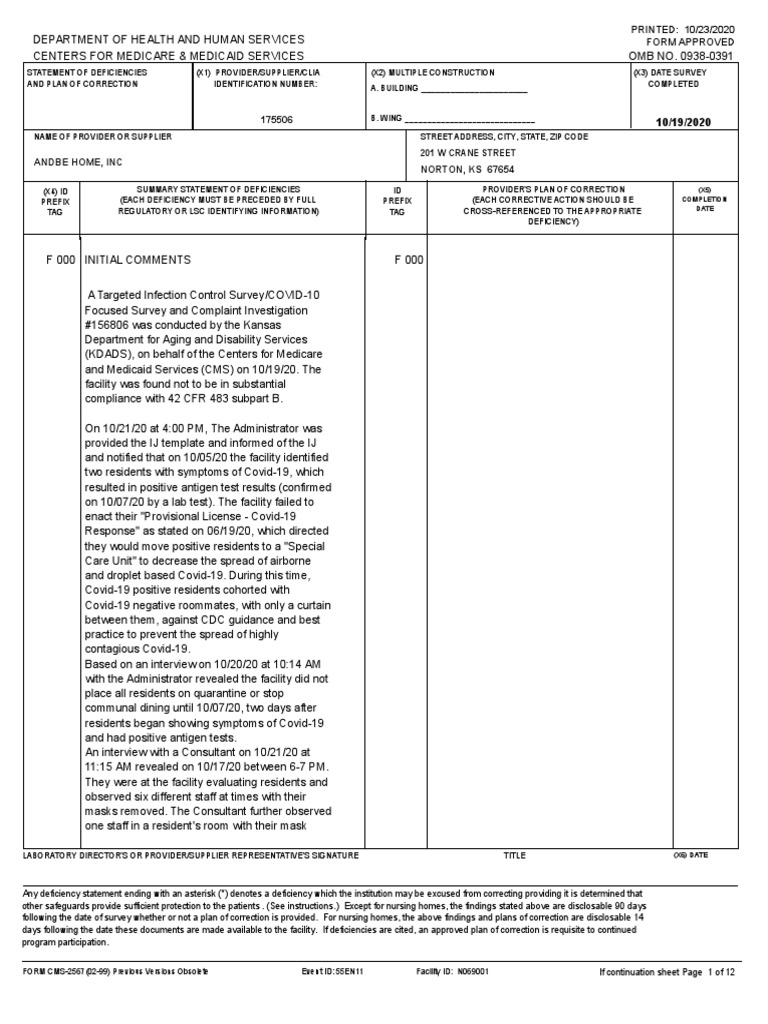 Statement of deficiencies and plan of correction for Andbe Home (via ...