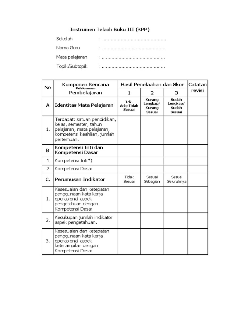 Instrumen Telaah Buku III (RPP) | PDF