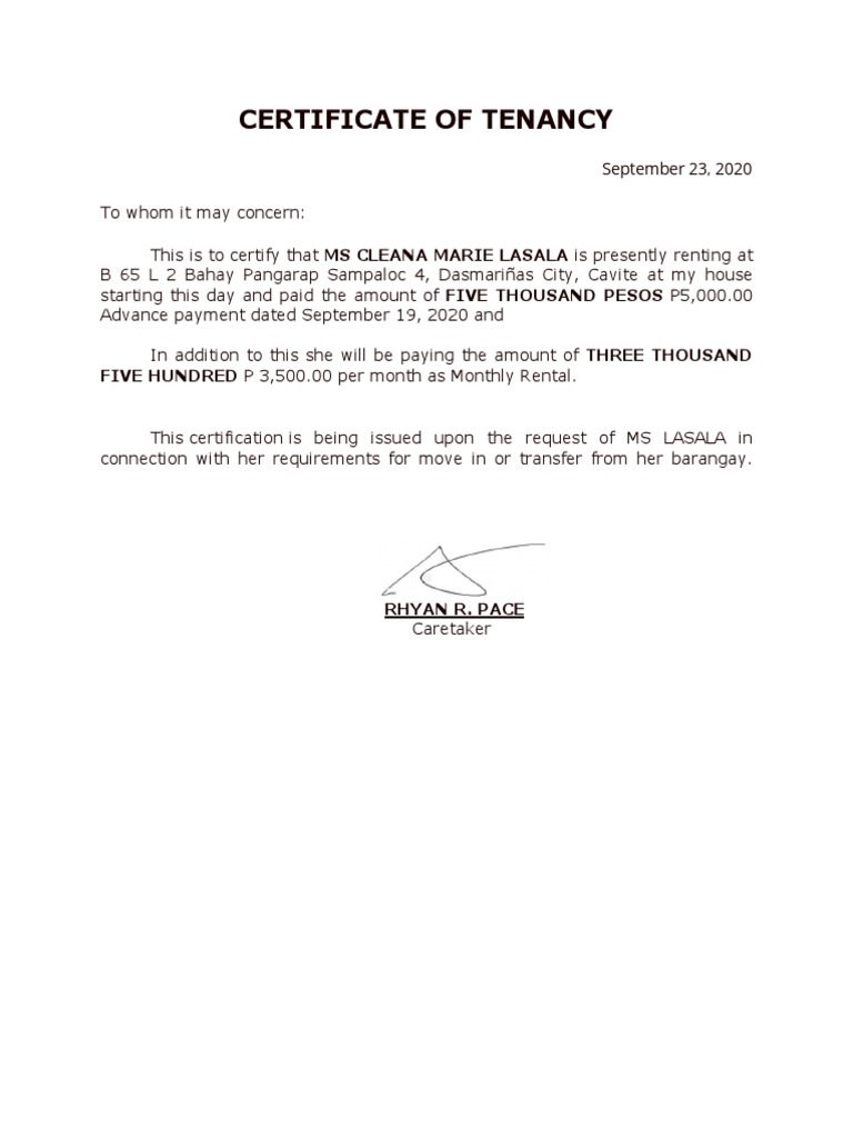 Certificate of Tenancy PDF | PDF