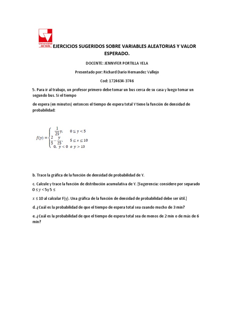 Ejercicios Sugeridos Sobre Variables Aleatorias y Valor Esperado PDF | PDF