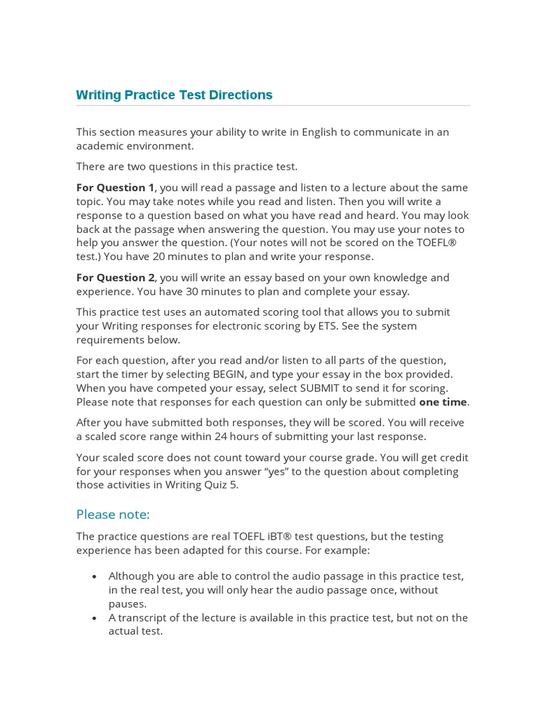 Writing Practice Test Directions | PDF | Test Of English As A Foreign ...