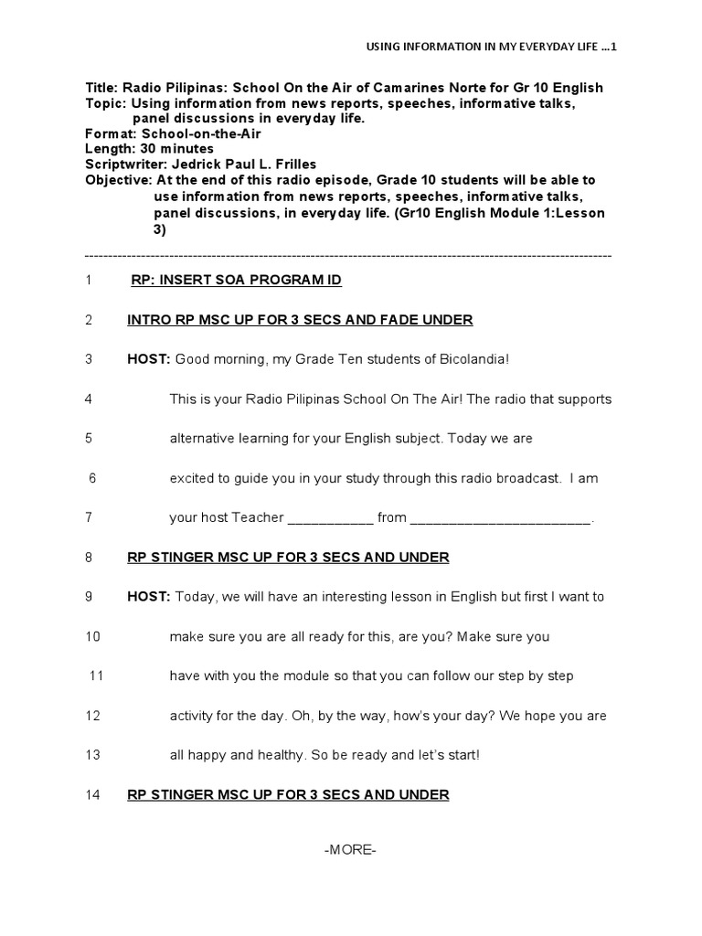 Grade 10 RBI Script | PDF | News | Semiotics