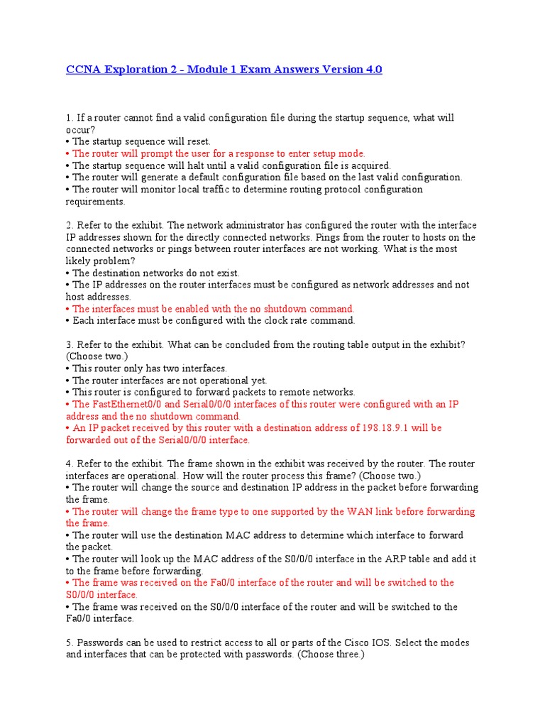 CCNA Exploration 2 - Module 1 Exam Answers Version 4.0 | PDF | Routing | Router (Computing)