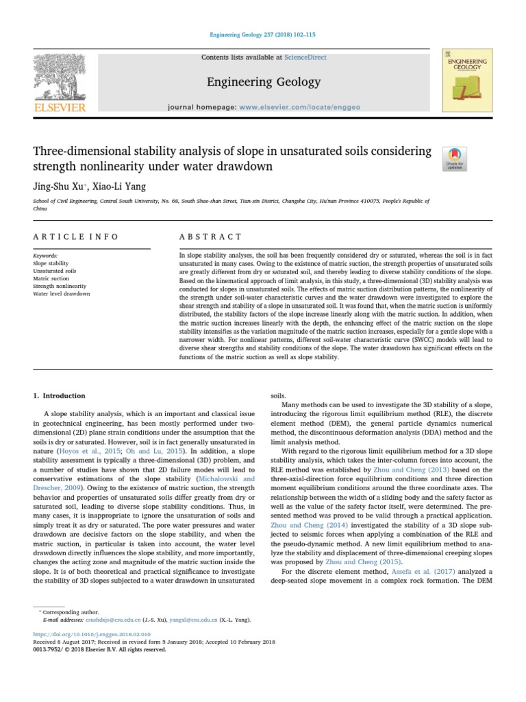 Three-Dimensional Stability Analysis of Slope in Unsaturated Soils Consideringxu2018 | PDF ...