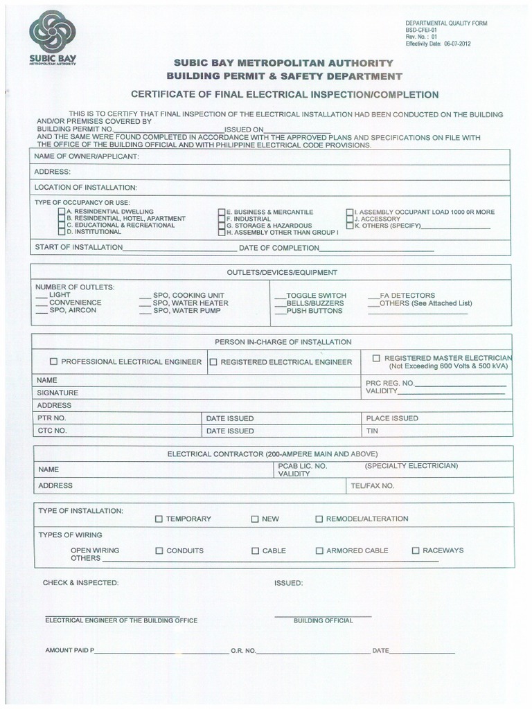 Certificate of Final Electrical Inspection (CFEI) (For Energization) | PDF