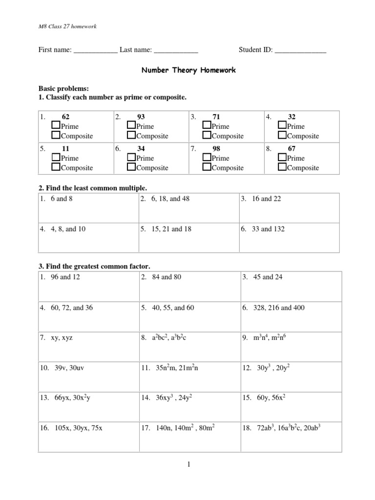 Number Theory Homework Basic Problems: 1. Classify Each Number As Prime ...