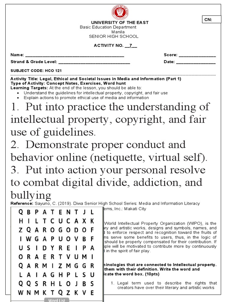 Ethical and Legal Considerations in Media Worksheet | PDF ...