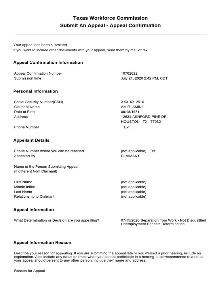 Texas Workforce Commission Submit An Appeal - Appeal Confirmation | PDF ...