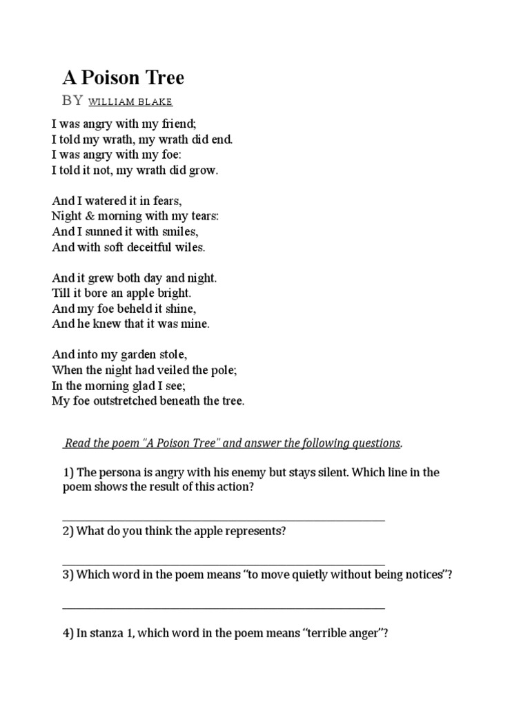Read The Poem "A Poison Tree" and Answer The Following Questions | PDF ...