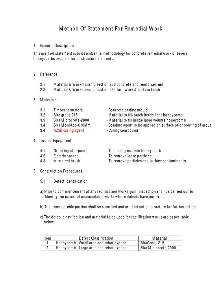 Method of Statement For Remedial Work: 1. General Description | PDF ...