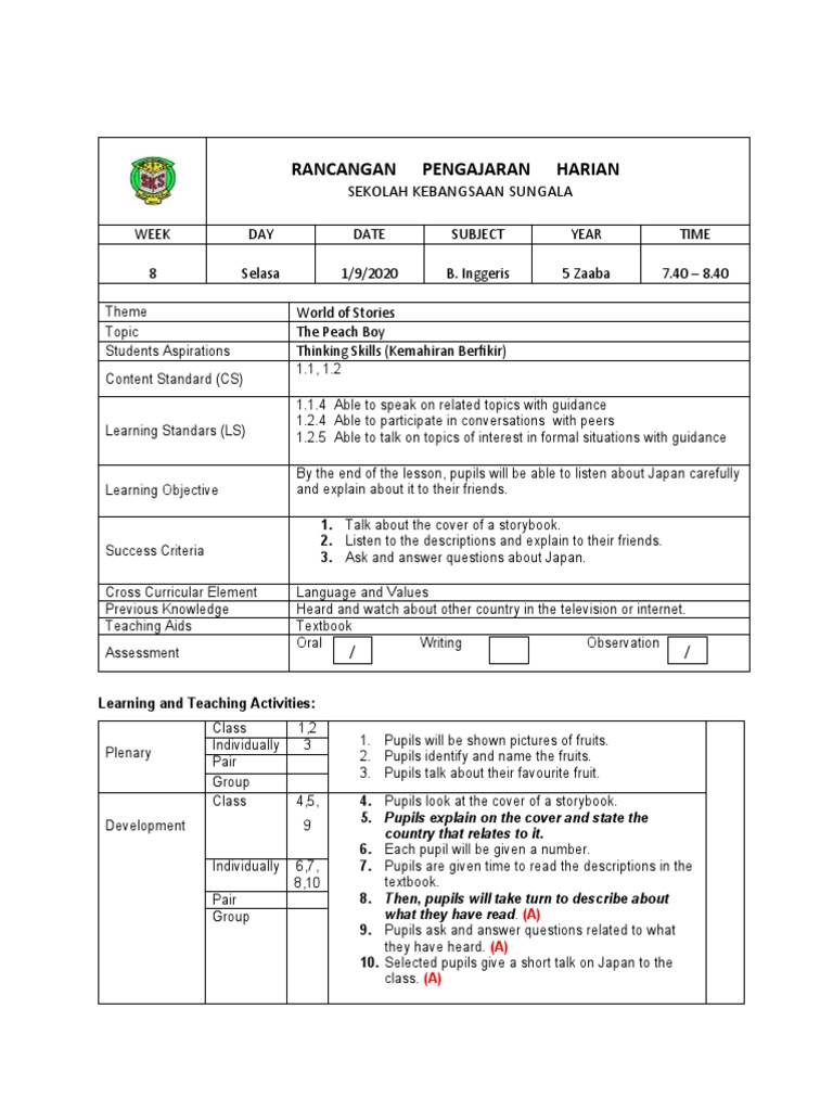 Daily Lesson Plan for English Class | PDF | Curriculum | Lesson Plan