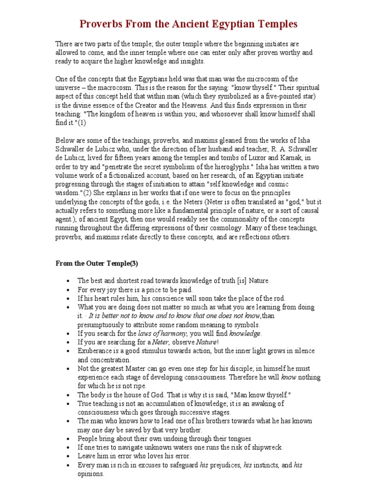 Proverbs From The Ancient Egyptian Temples PDF | PDF | Wisdom | Knowledge