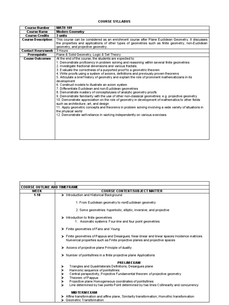 Course Syllabus (Modern Geometry) | PDF | Projective Geometry | Non ...