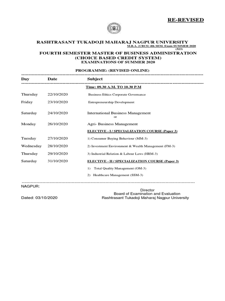 MBA IV Sem Cbcs Revised Timetable 03102020 PDF | PDF