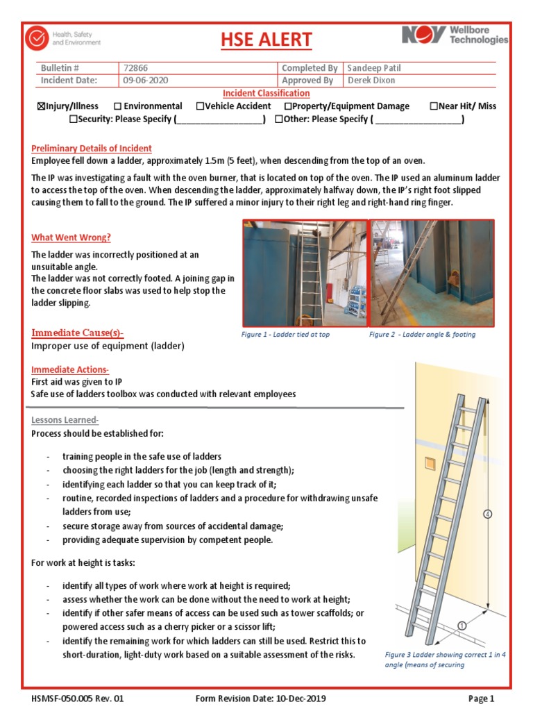 HSE Alert - Fall From Ladder - JDE #72866 | PDF | Ladder | Safety