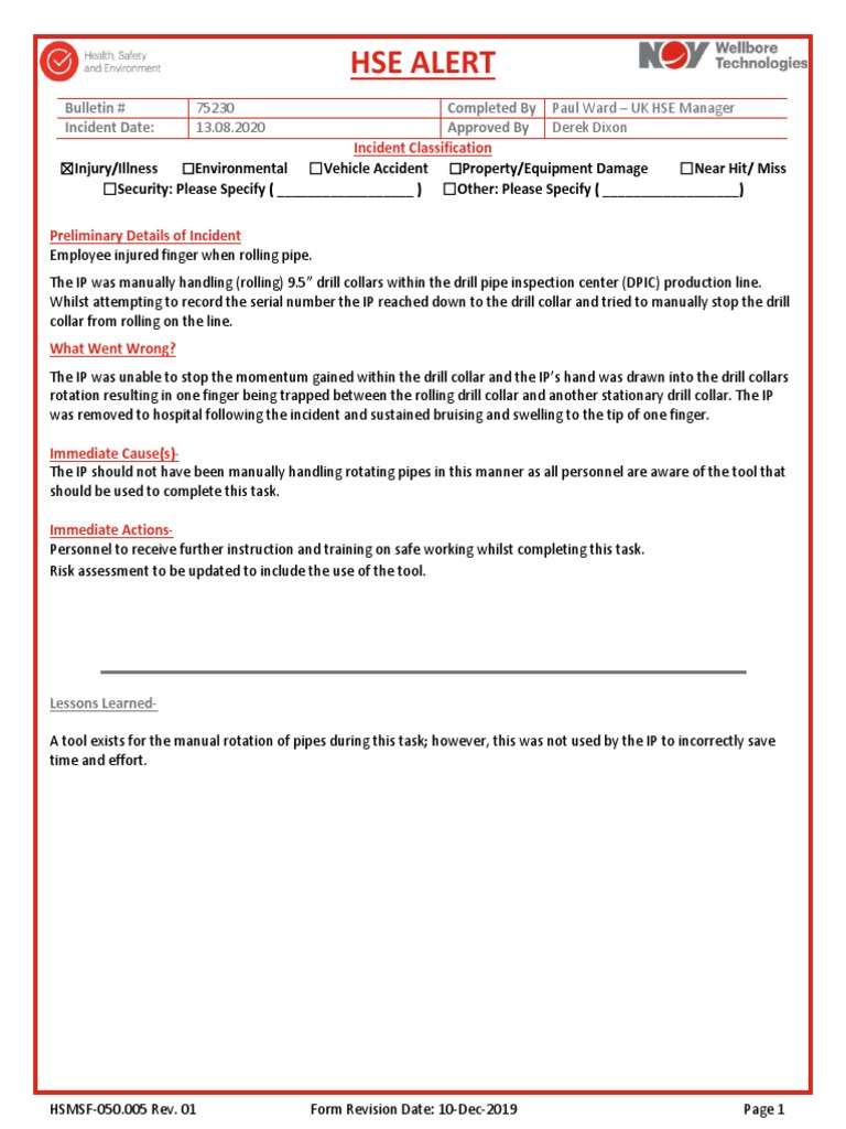 HSE Alert - Injury - Finger - JDE # 75230 | PDF