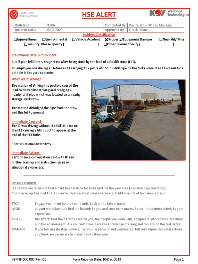 HSE Alert - Property Damage - Drill Pipe Fell - JDE # 747806 | PDF