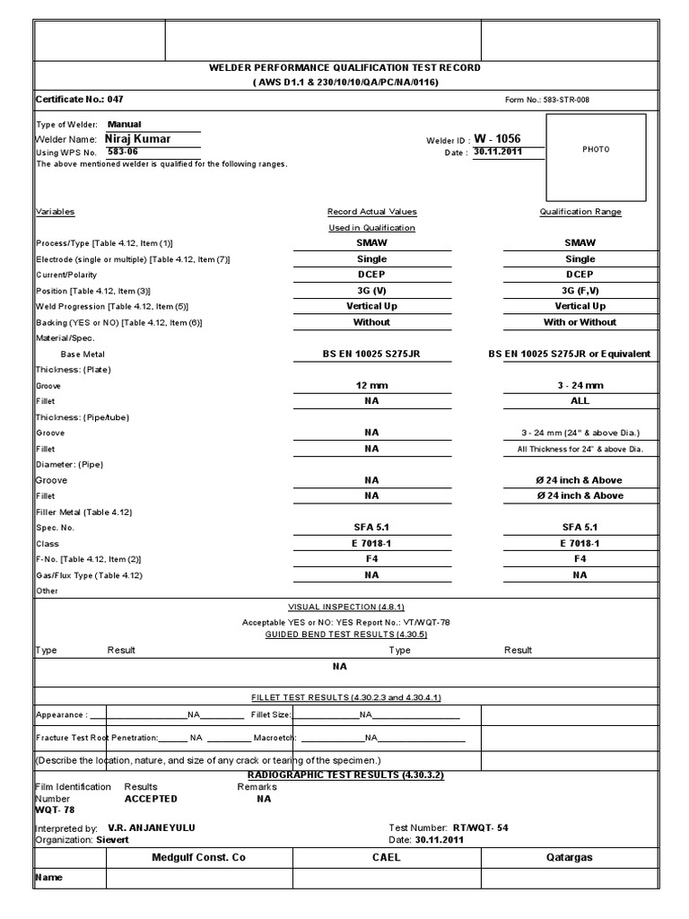 Welder Qualification Test Record | PDF | Welding | Construction