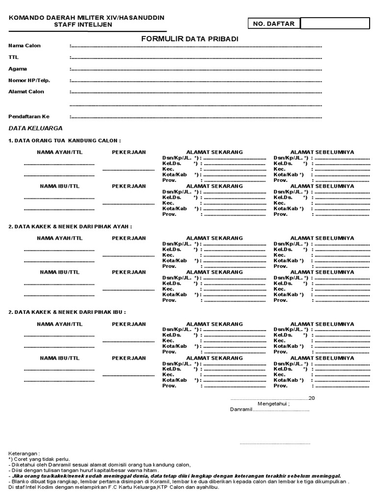 Formulir Data Pribadi Komando Daerah Militer Xiv | PDF