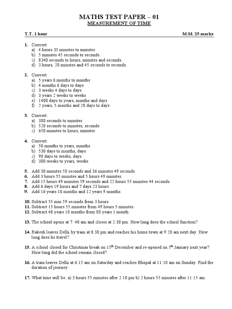 Maths Test Paper - 01: Measurement of Time | PDF