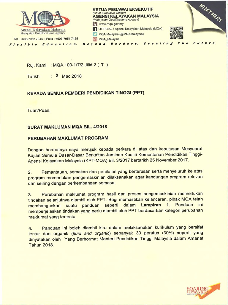 Surat Makluman MQA Bil.4 2018 - Perubahan Maklumat Program | PDF