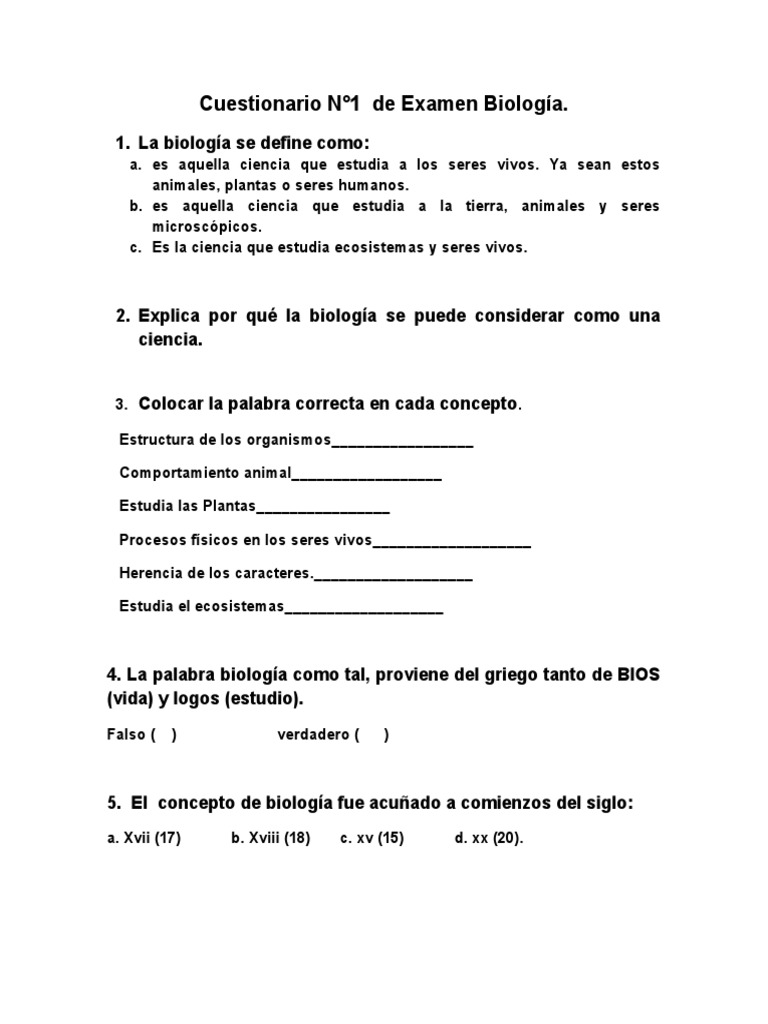 Cuestionario Biologia . | PDF | Organismos | Biología