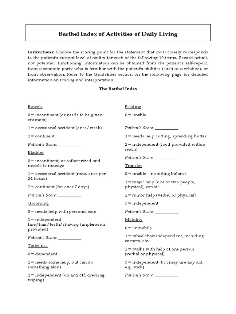 Barthel Index for Daily Living Assessment | PDF | Medicine