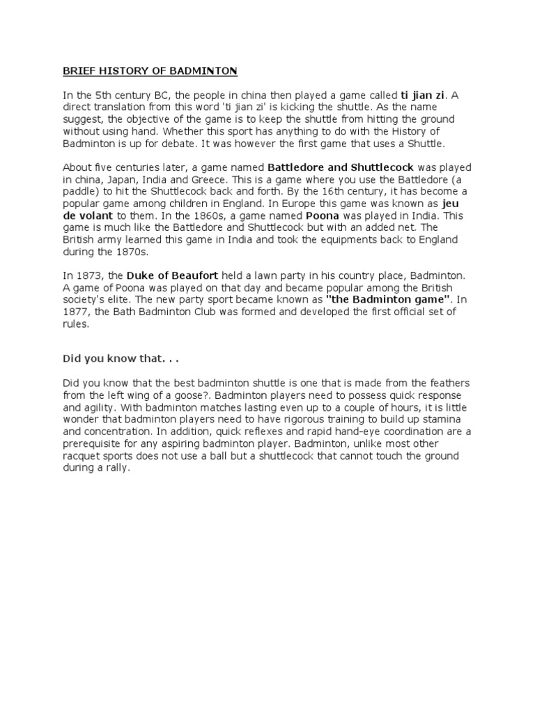 Brief History of Badminton: Did You Know That. . | PDF | Competitive ...