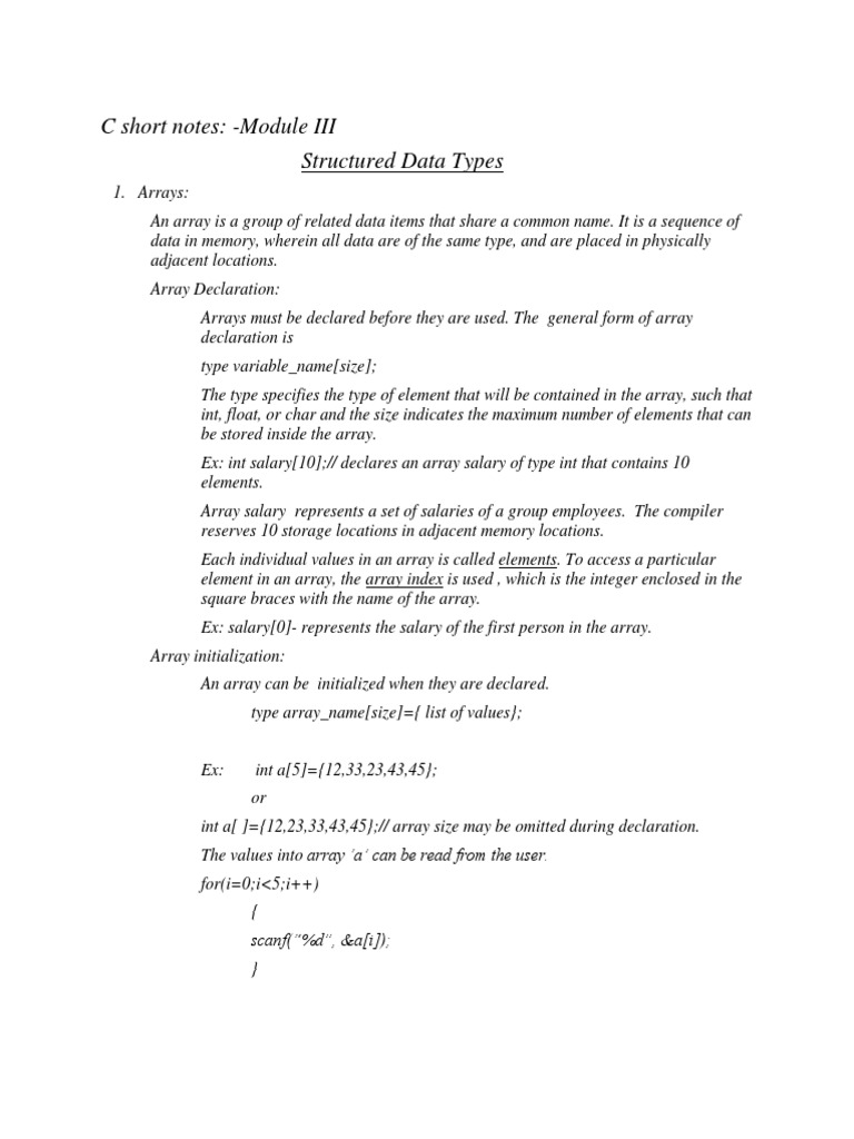 C Short Notes-Module 3 | PDF | Array Data Structure | String (Computer ...