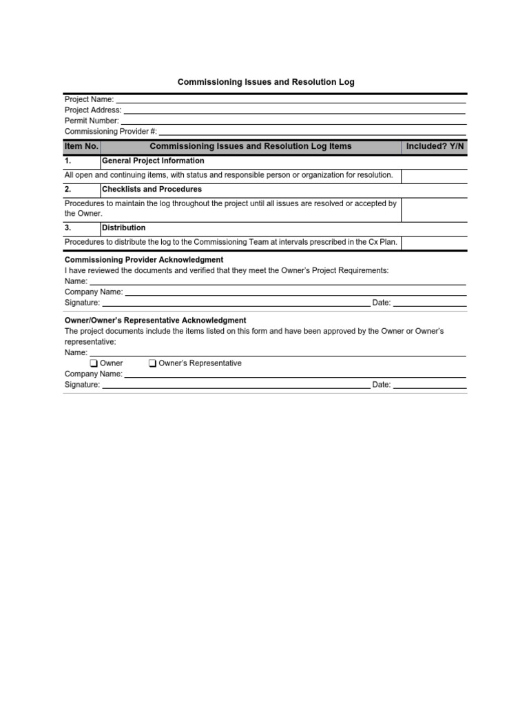 Commissioning Issues and Resolution Log: 1. General Project Information ...