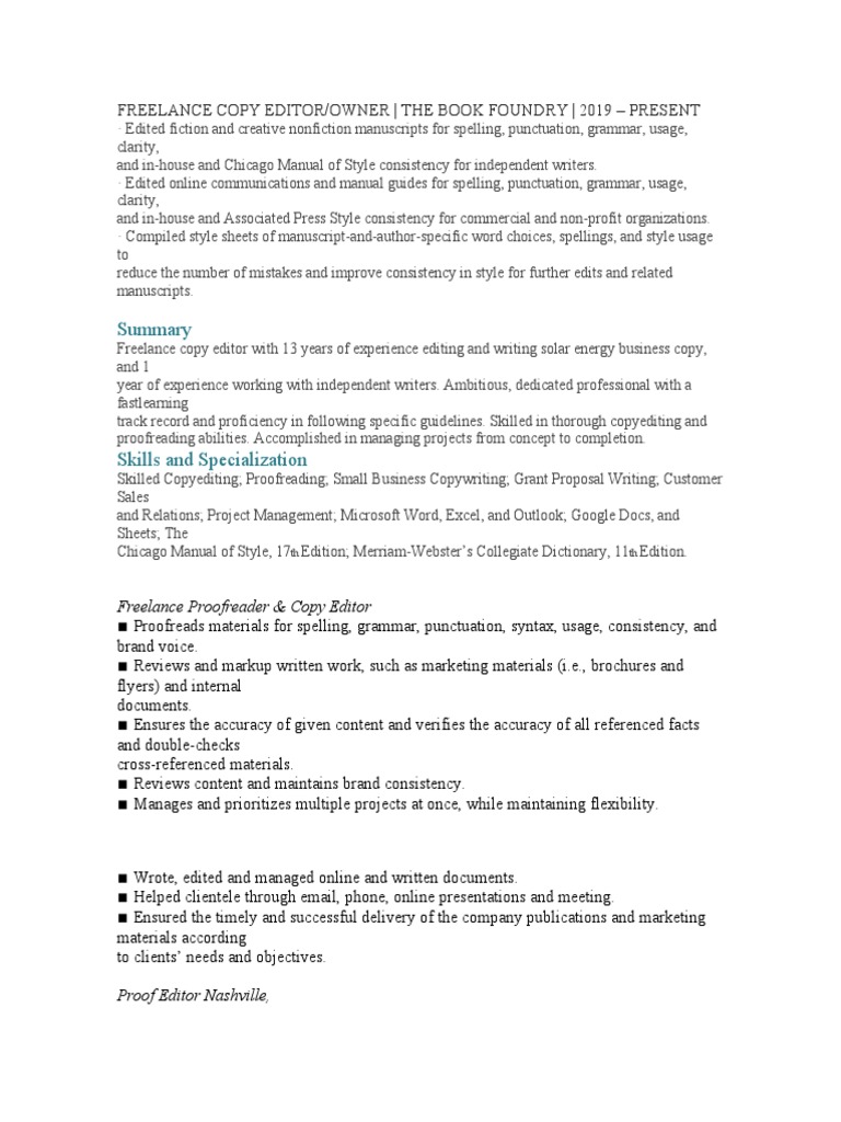 Freelance Copy Editor/Owner - The Book Foundry - 2019 - Present | PDF ...