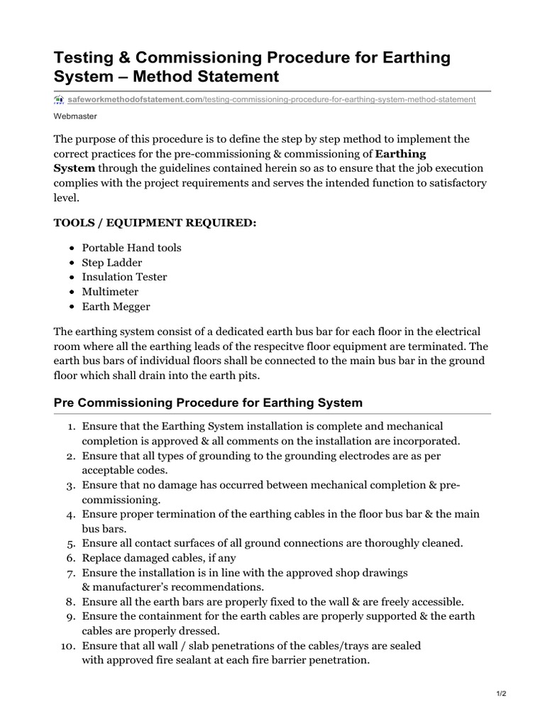 Testing And Commissioning Procedure For Earthing System Method 