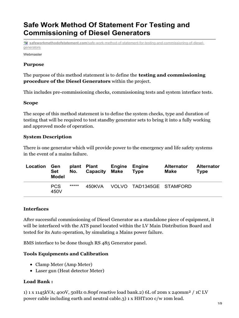 Safe Work Method of Statement For Testing and Commissioning of Diesel ...