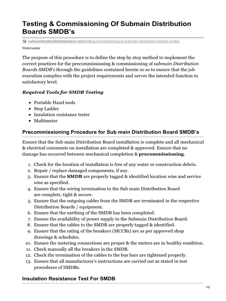 Testing and Commissioning of Submain Distribution Boards SMDBs | PDF ...