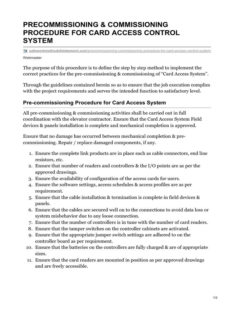 PRECOMMISSIONING and COMMISSIONING PROCEDURE FOR CARD ACCESS CONTROL ...