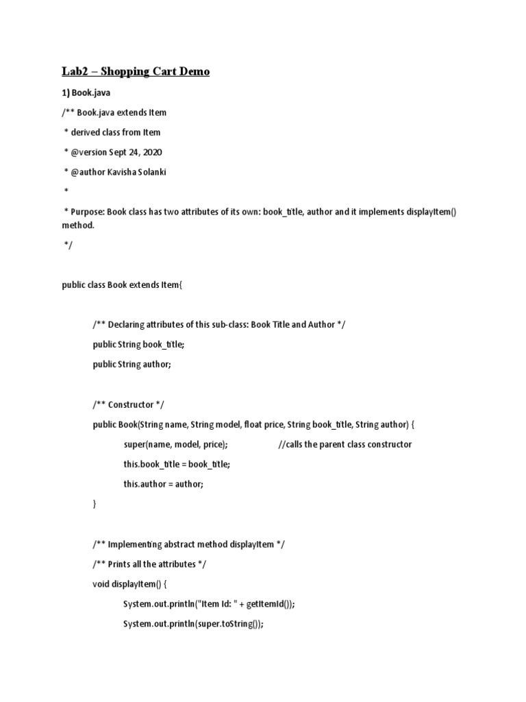 Lab2 - Shopping Cart Demo: 1) Book - Java | PDF | Method (Computer Programming) | Software ...