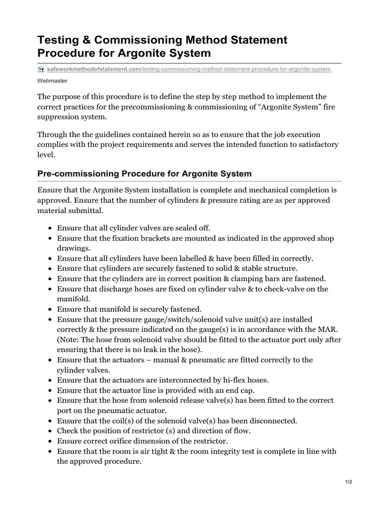 Testing And Commissioning Method Statement Procedure For Argonite