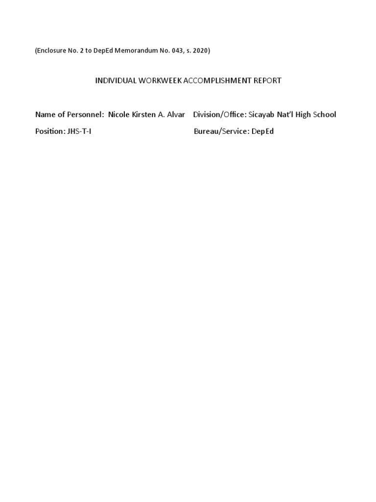 Individual Workweek Accomplishment Report: (Enclosure No. 2 To Deped ...