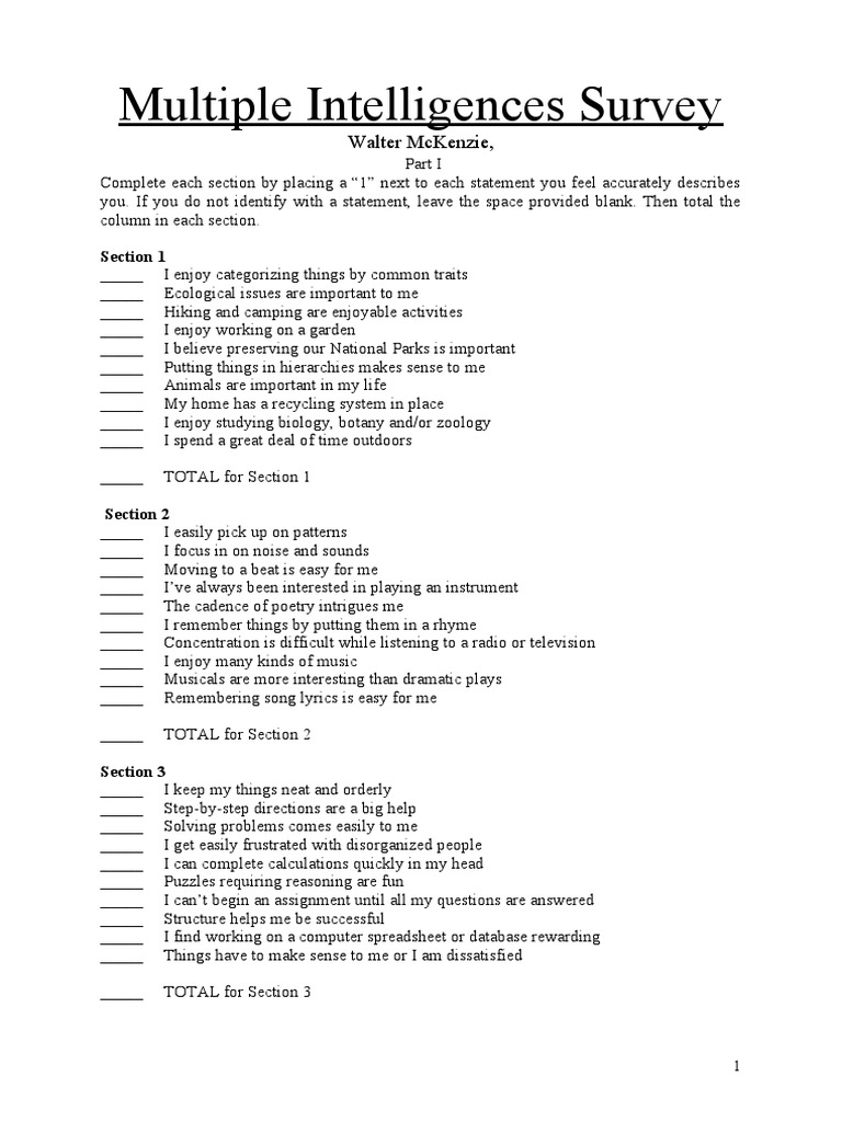 Multiple Intelligences Survey | PDF | Mind | Psychological Concepts