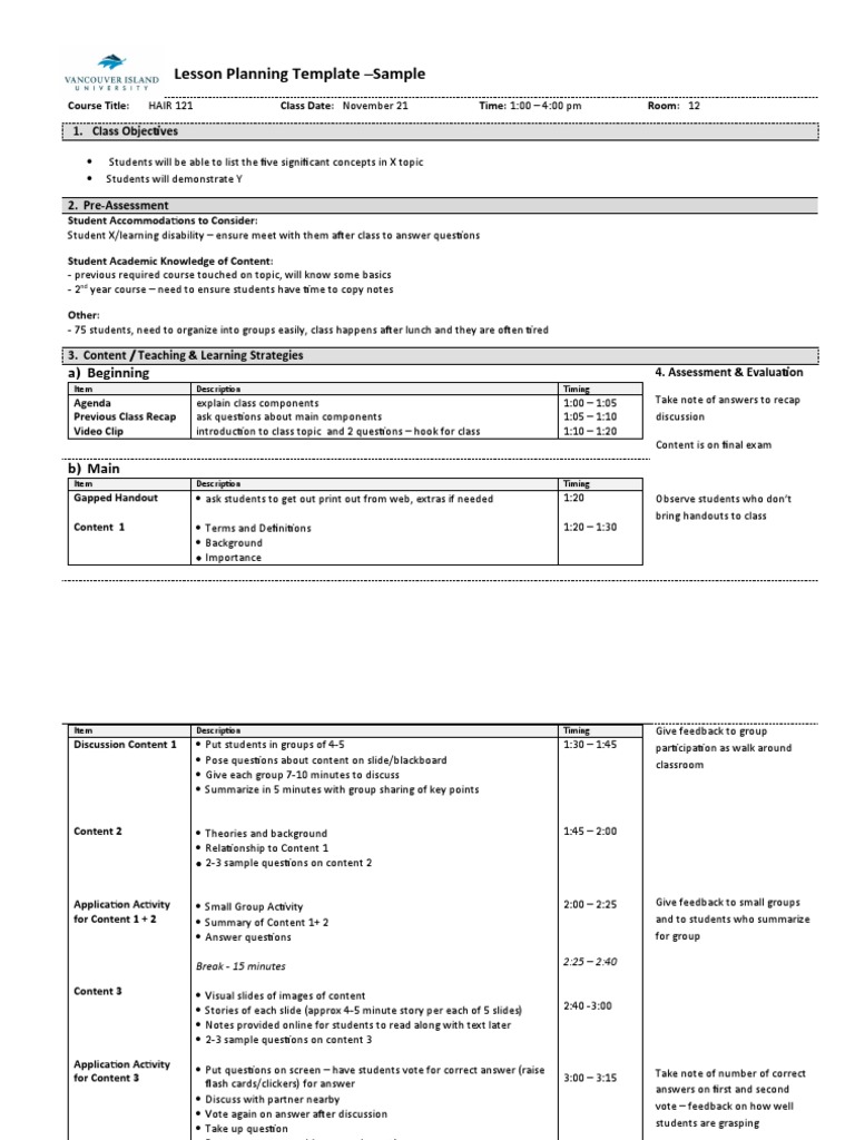 Lesson Planning Template - Sample: 1. Class Objectives | PDF ...