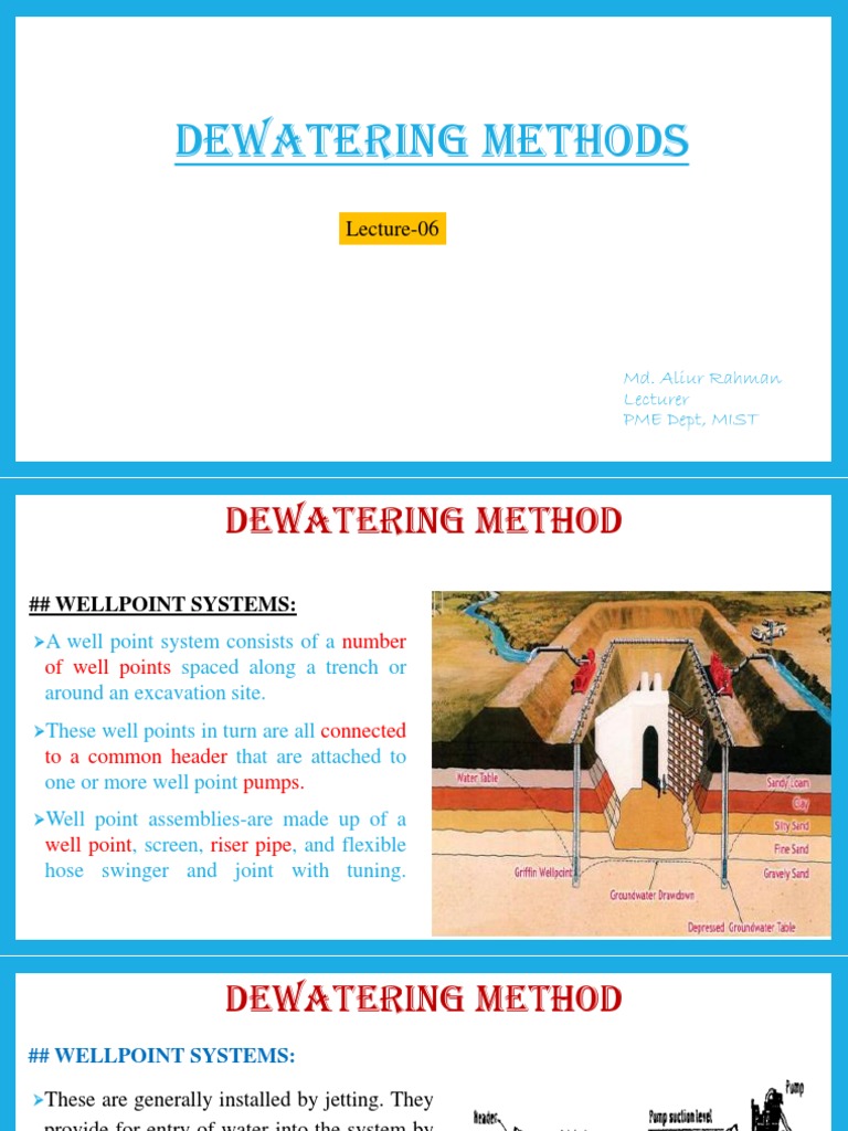 Lec-06 Dewatering Methods | PDF | Pump | Soil