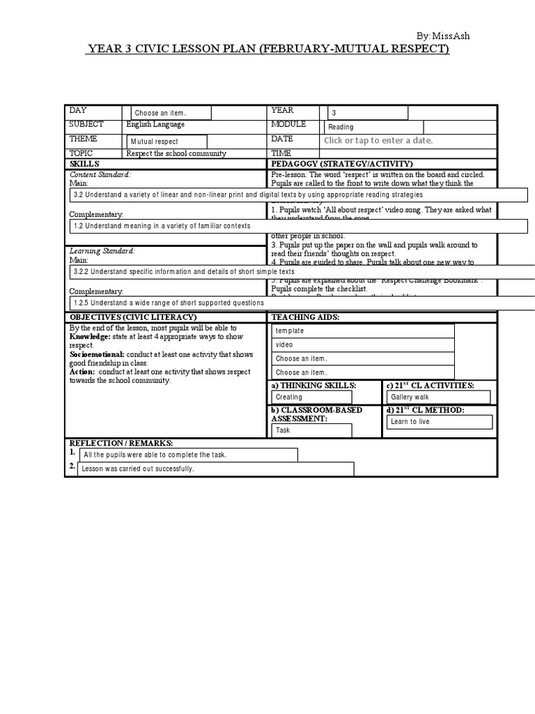 Year 3 Civic Lesson Plan (February-Mutual Respect) : By:Missash | PDF ...