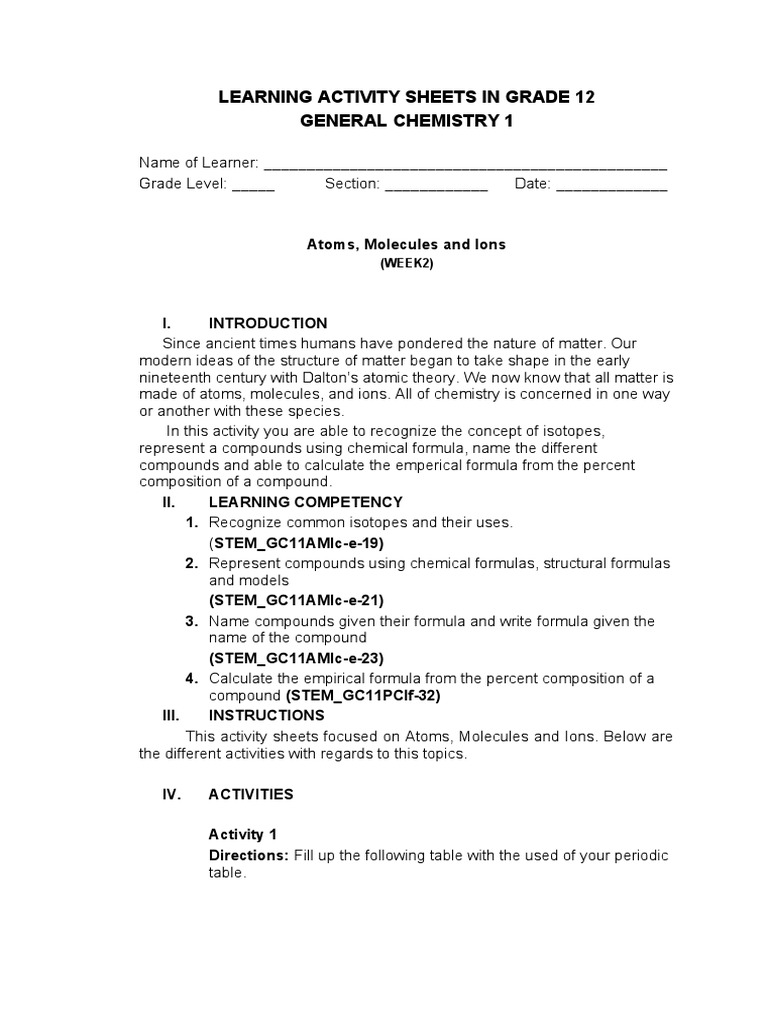 Learning Activity Sheets in Grade 12 General Chemistry 1: (WEEK2) | PDF | Ion | Proton