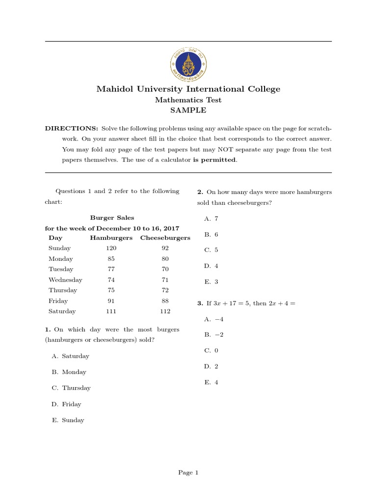 Mahidol University International College: Mathematics Test Sample | PDF ...