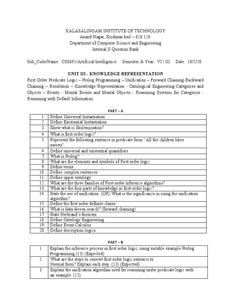 Unit Iii - Knowledge Representation: Part - A | PDF | First Order Logic | Knowledge ...
