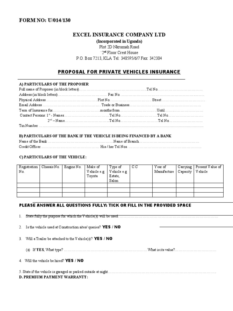 Private Vehicle Insurance Proposal Form | PDF | Reinsurance | Insurance